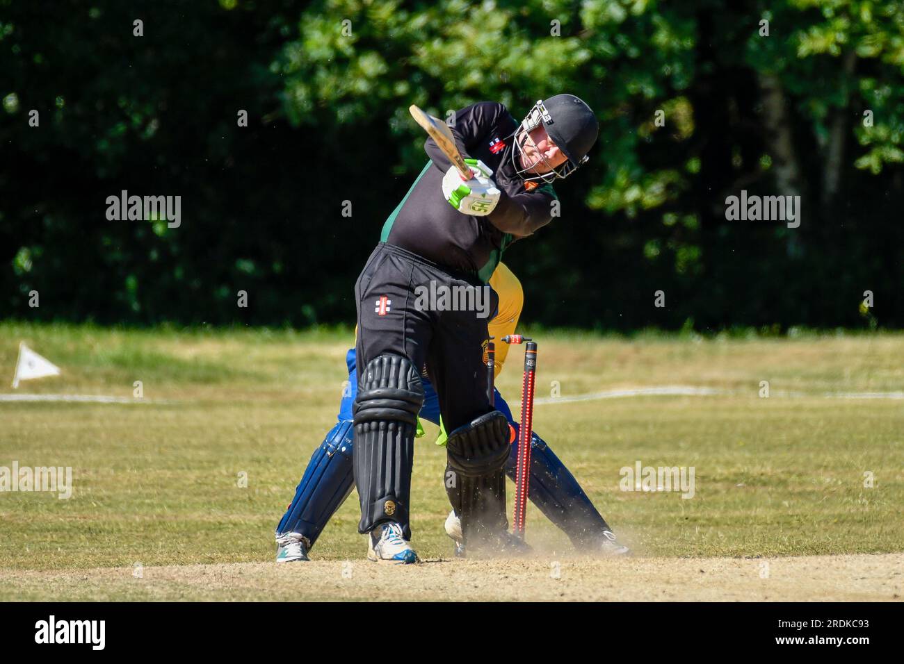 Clydach, Wales. 3 June 2023. Jason Dobbie of Chepstow is bowled during ...