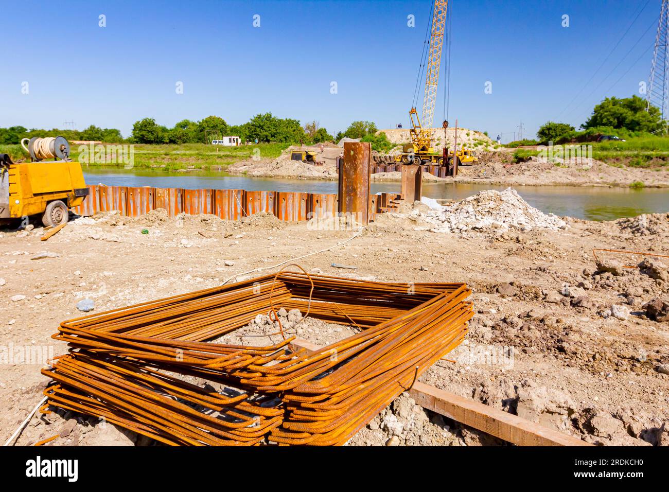 Rusty quadratic reinforcement bars placed at construction site ...