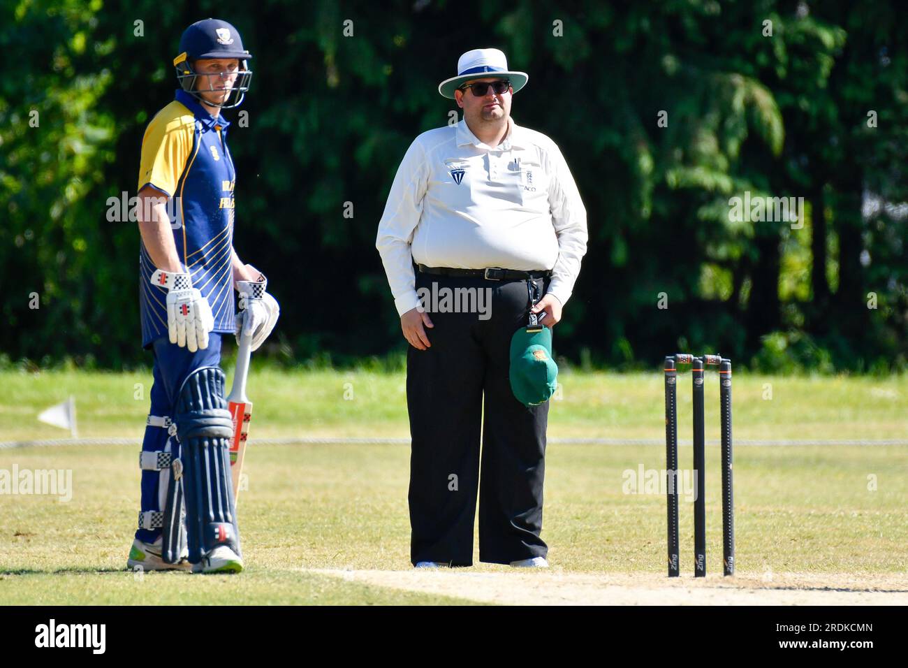 Clydach, Wales. 3 June 2023. Batsman Sam Davies of Clydach and Umpire Dan Short during the South ...