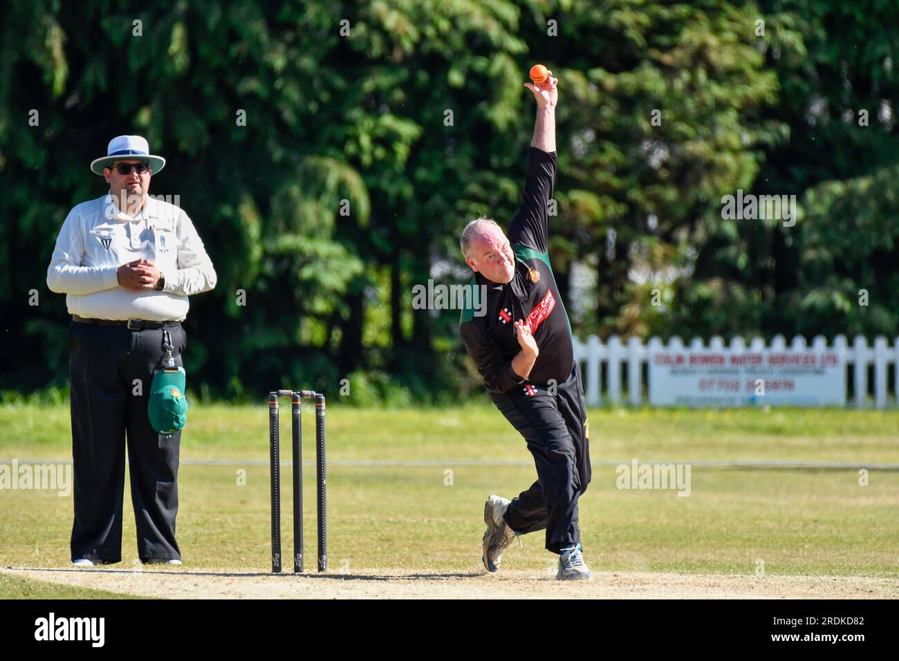 Clydach, Wales. 3 June 2023. Jason Dobbie of Chepstow bowling during ...
