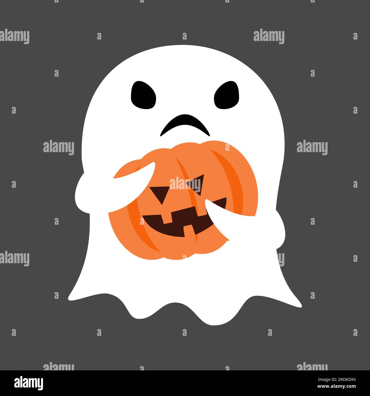 Cute white ghost hold pumpkin . Halloween cartoon character . Flat ...