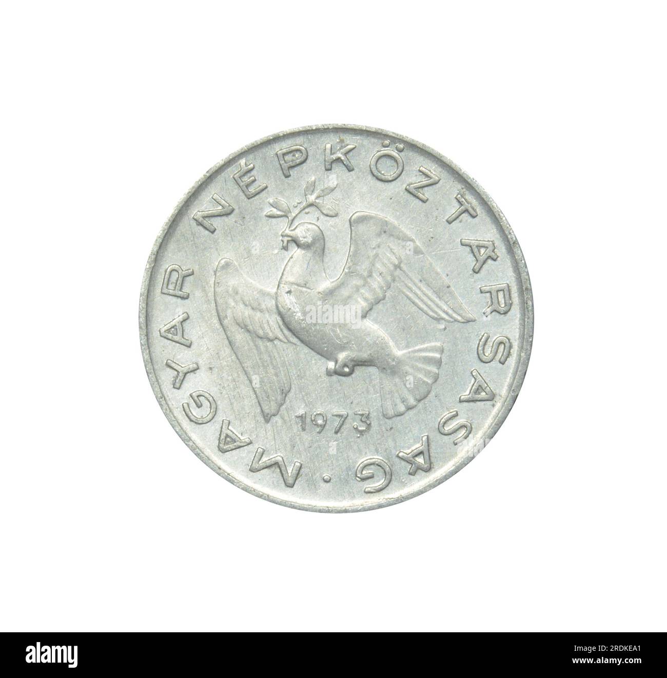 Obverse of 10 Filler coin made by Hungary in 1973, that shows Dove ...