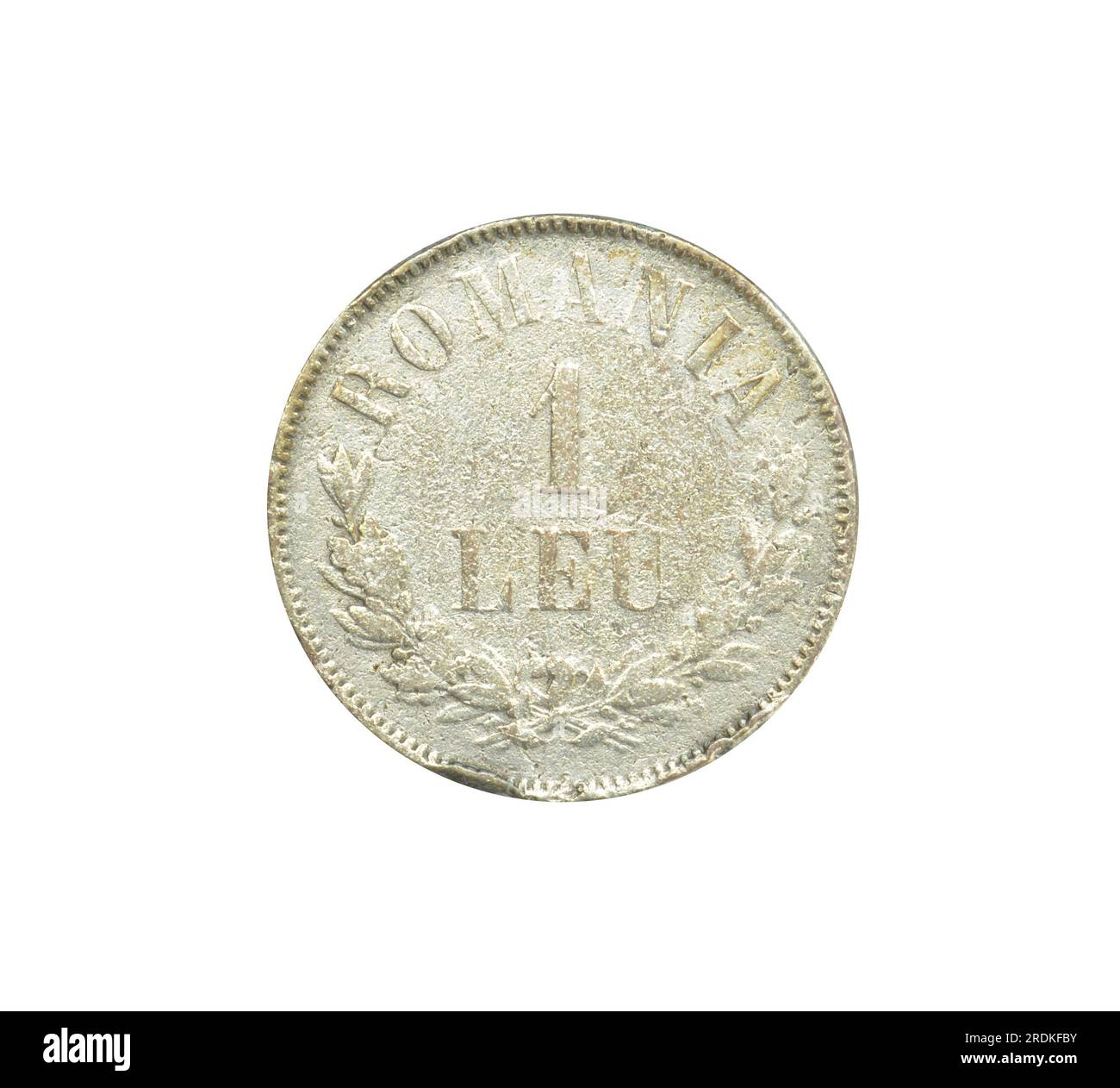 Reverse of One Leu coin made by Romania in 1873, that shows Numeral ...