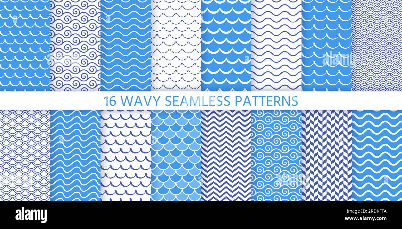Wave seamless pattern. Vector. Blue wavy background. Set textures with ...