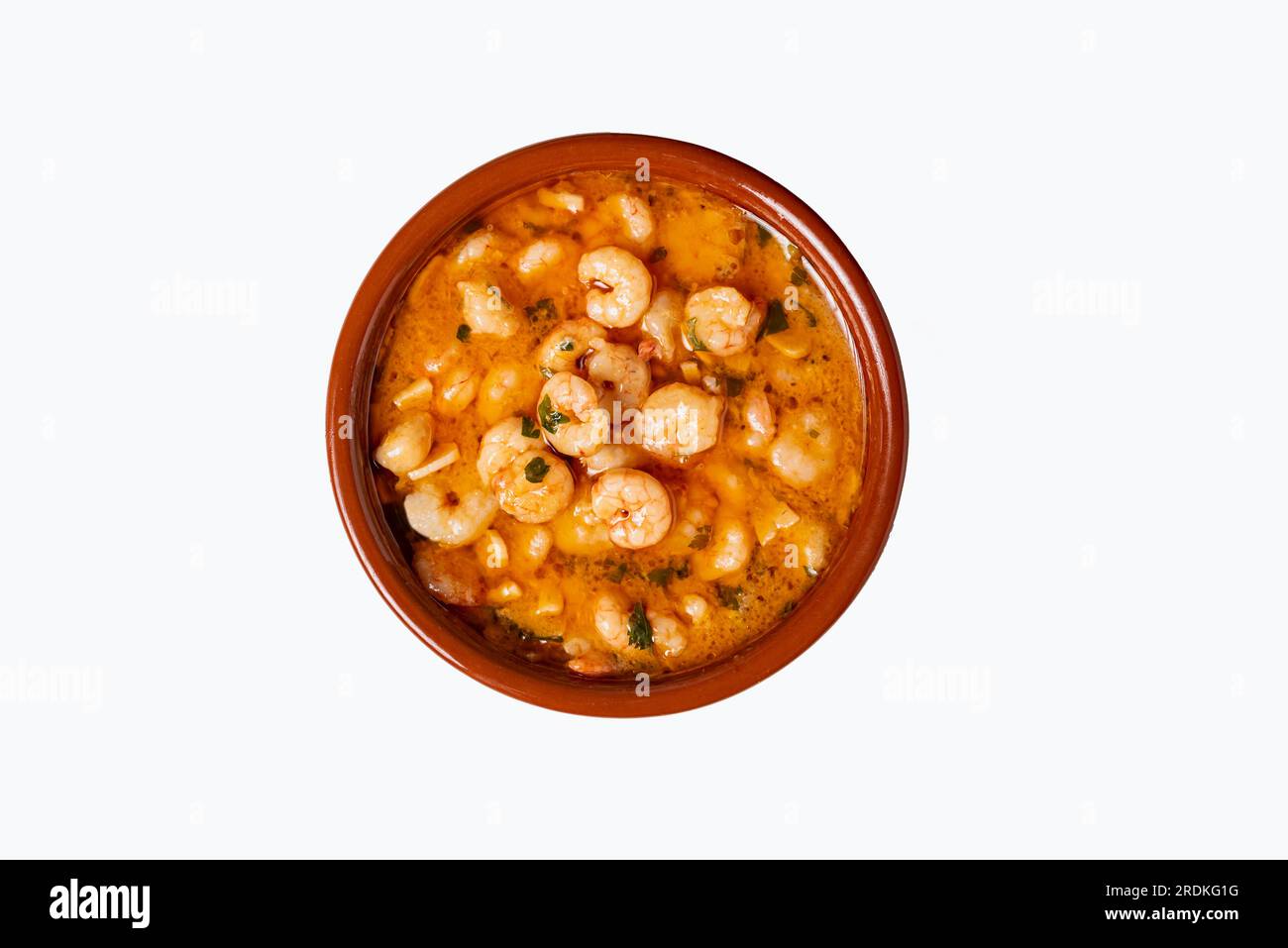 Clay dish with garlic prawns or also called Pil-pil, top view Stock ...
