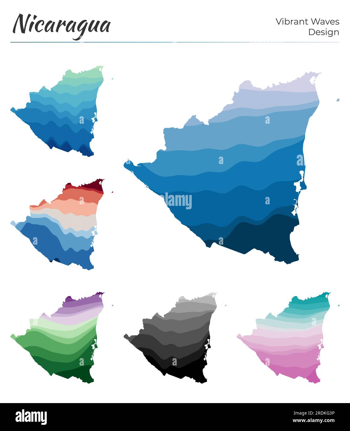 Set of vector maps of Nicaragua. Vibrant waves design. Bright map of country in geometric smooth ...