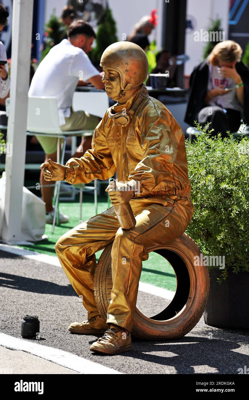 Budapest, Hungary. 22nd July, 2023. Paddock atmosphere - human statue ...