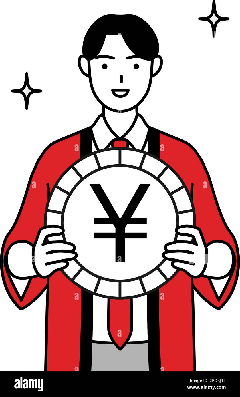 Man wearing a red happi coat an image of foreign exchange gains and yen ...