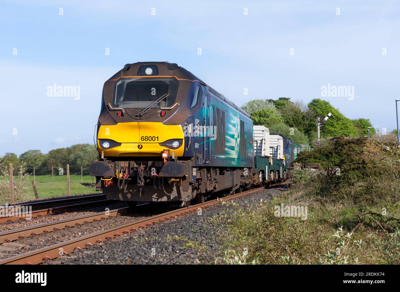 Direct rail services class 68 locomotive 68001 passing Arnside on the Cumbrian coast line with a ...