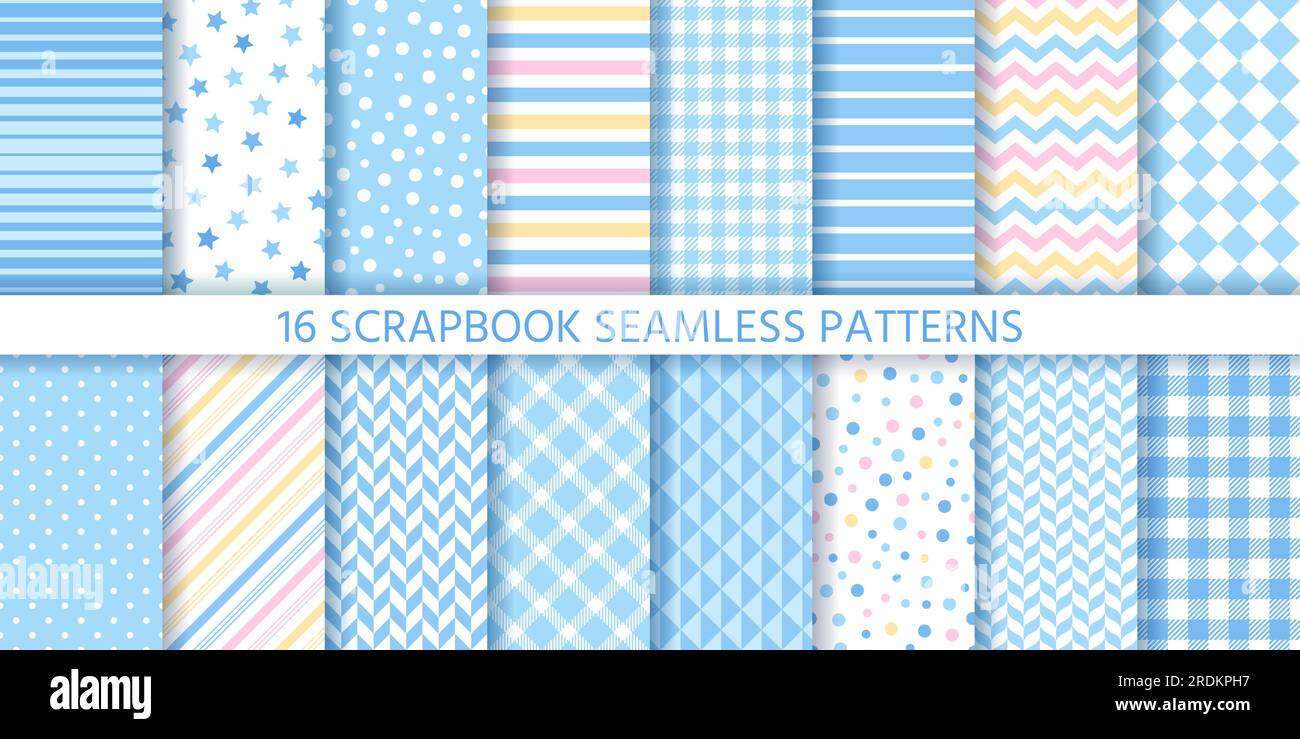 Scrapbook seamless pattern. Baby boy backgrounds. Vector. Set textures ...