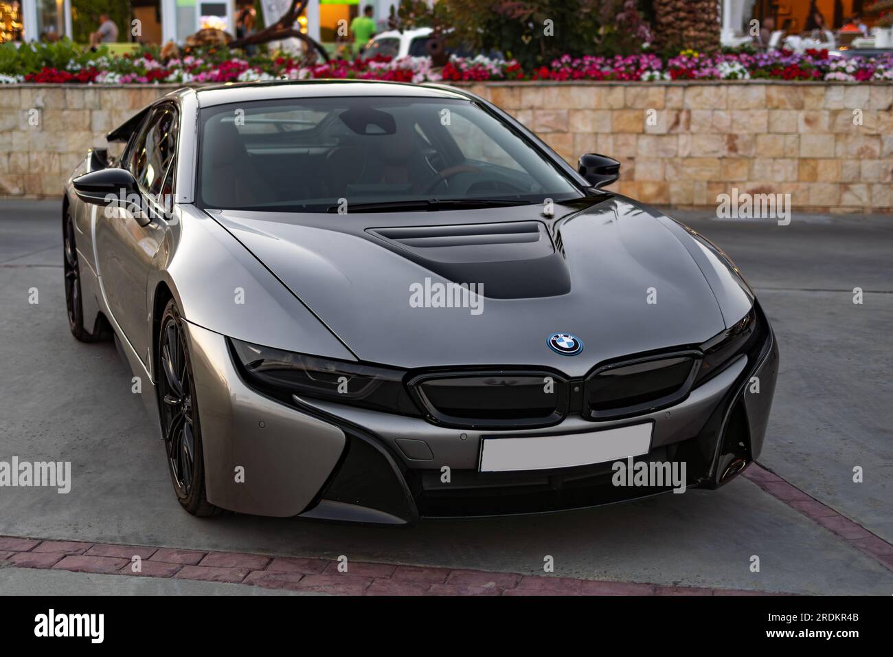 Marina Dinevi, Sveti Vlas, Burgas, Bulgaria - 07.212023. Luxury BMW i8 parked on the yacht ...