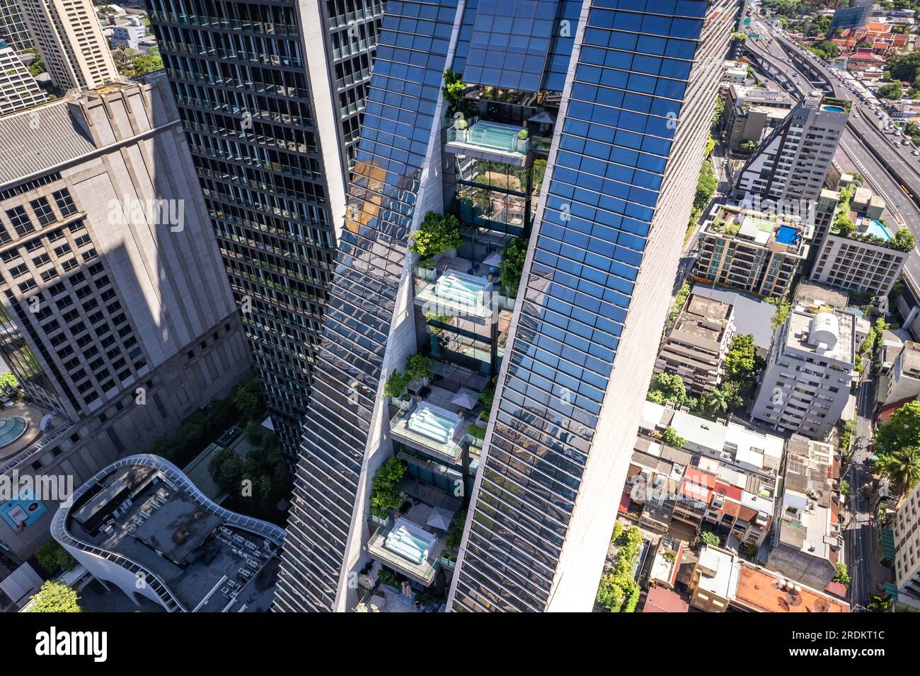 Aerial view of Ploenchit road in Bangkok Downtown, financial district ...