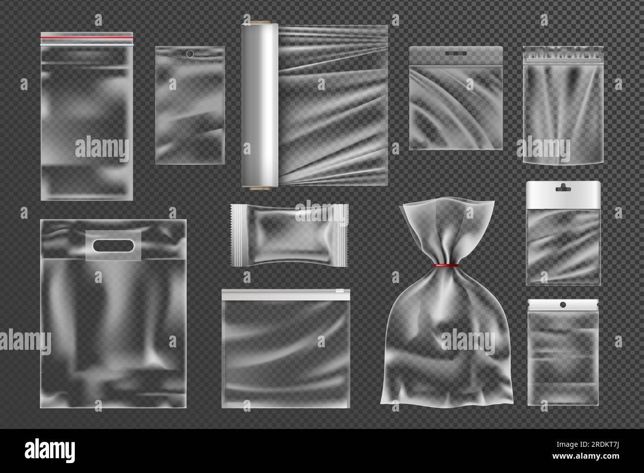 Plastic package bag set. Transparent mockup of cookies, snacks and ...