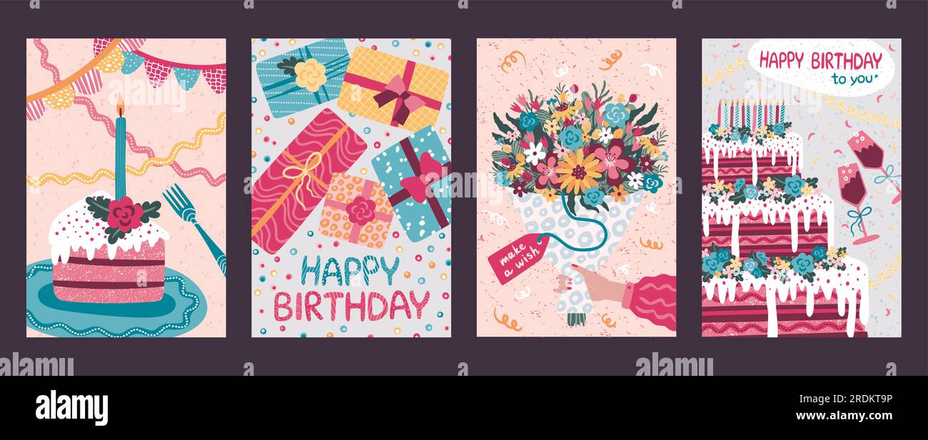 Birthday cards. Happy greeting cake. Anniversary event. Holiday ...