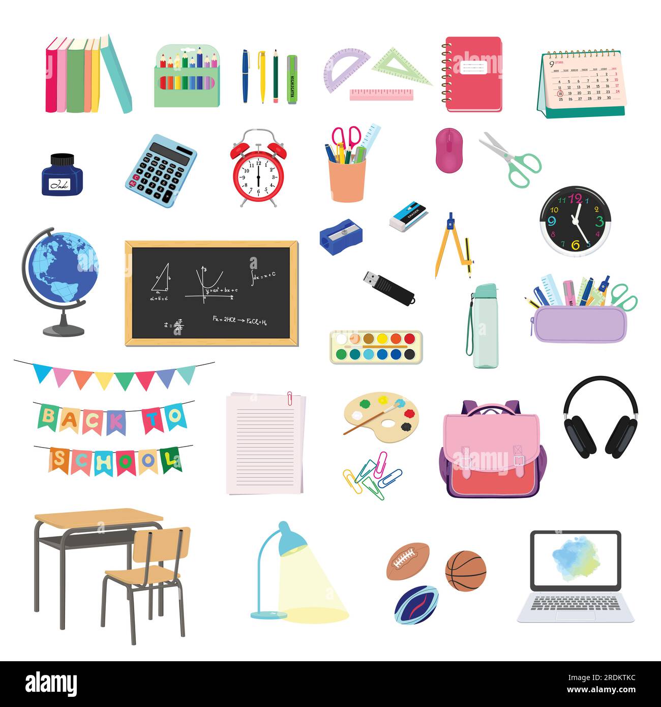 Set of 40 items for back to school concept. School supplies flat vector ...