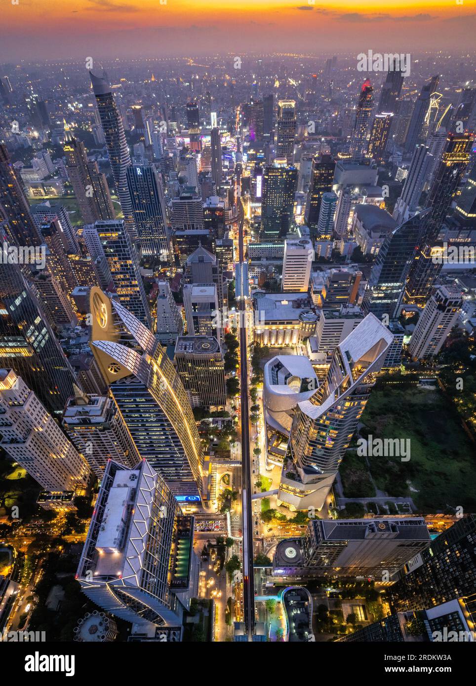 Aerial view of Ploenchit road by night in Bangkok Downtown, financial ...