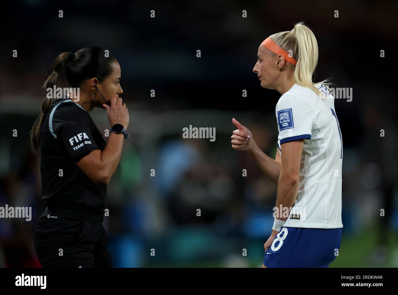 Referee Emikar Caldera (left) and England's Chloe Kelly during the FIFA ...