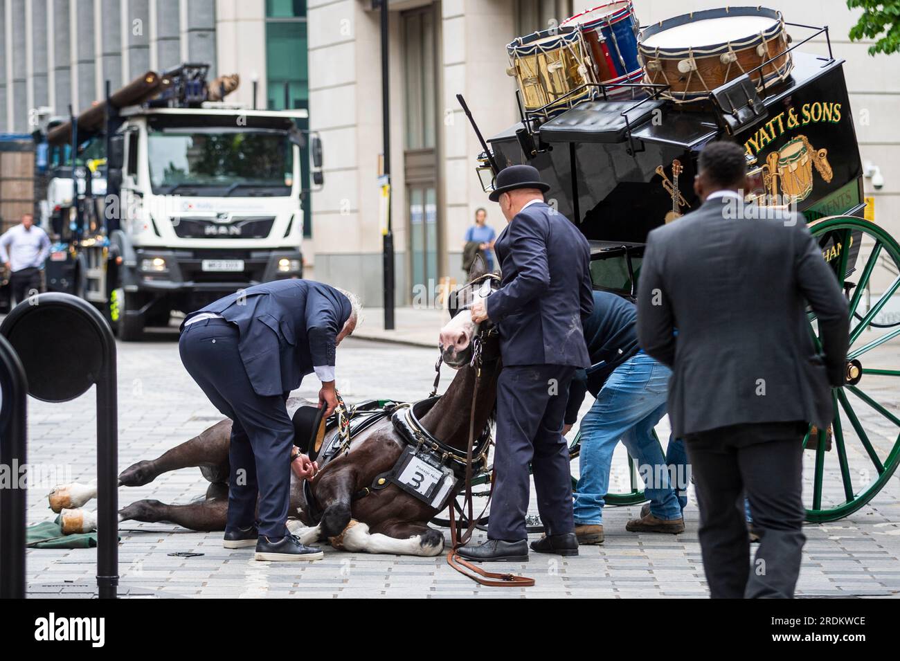 London, UK. 22 July 2023. A horse pulling its carriage stumbles after ...