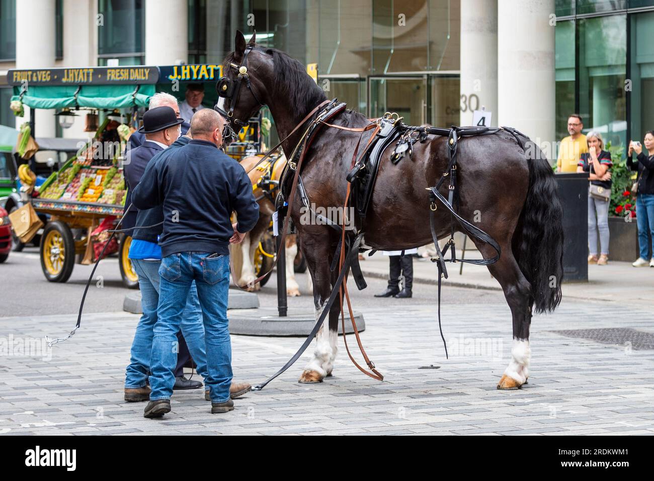 London, UK. 22 July 2023. A horse pulling its carriage stands again ...