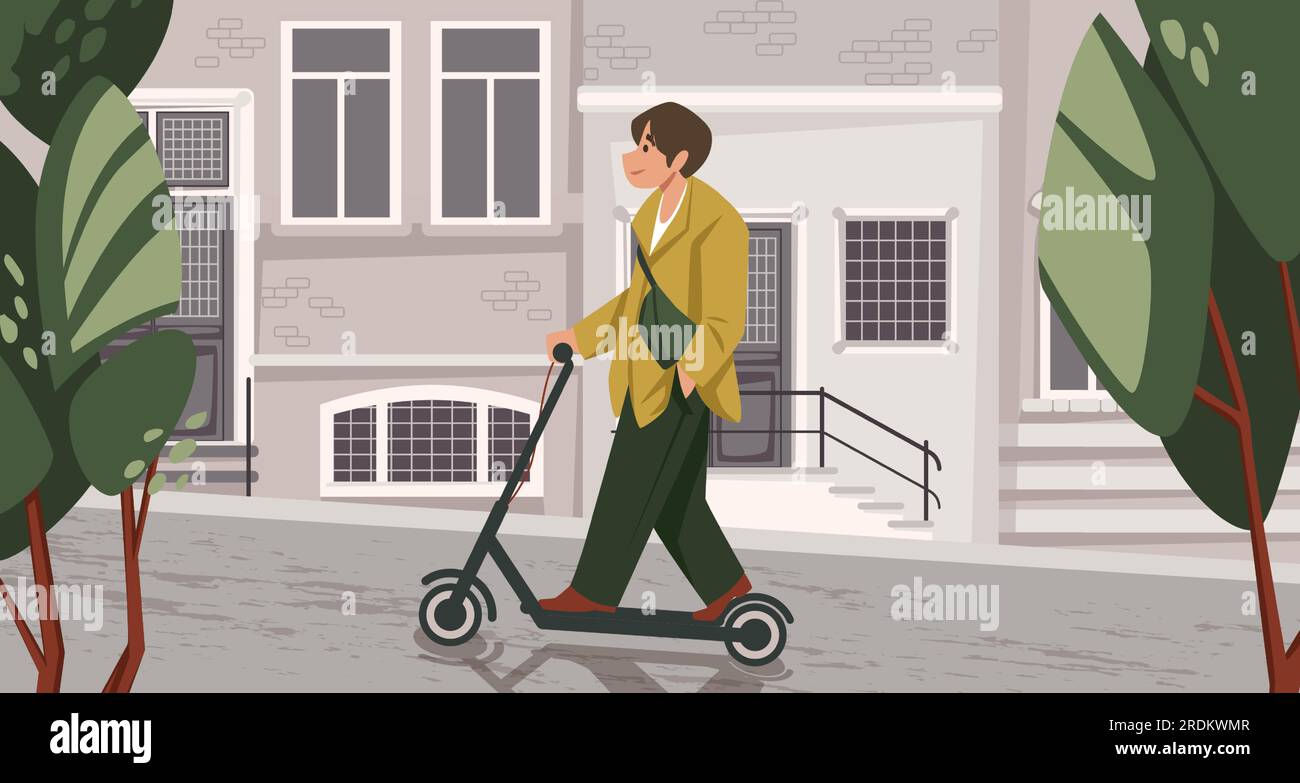 City electric scooter. Guy riding motorcycle. Teenager walking on ...