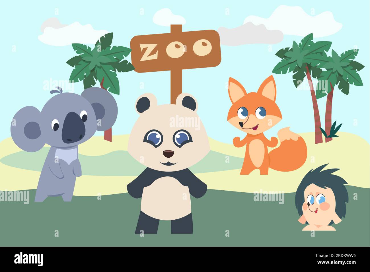 Cute animals. Zoo park. Cartoon fox and hedgehog. Funny wild little ...