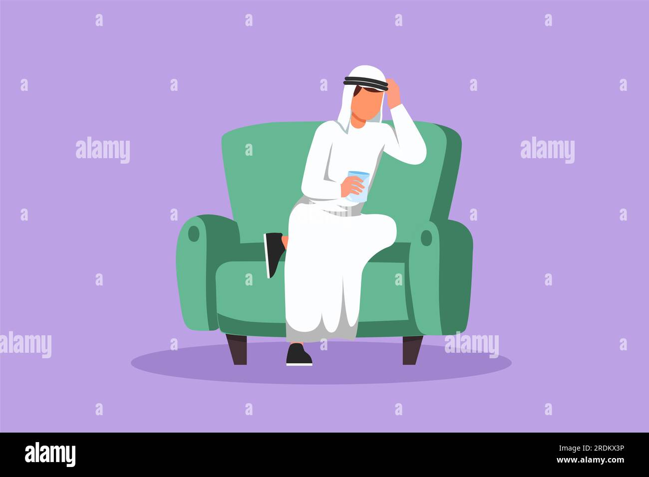 Cartoon flat style drawing Arabian man sitting on couch and resting ...