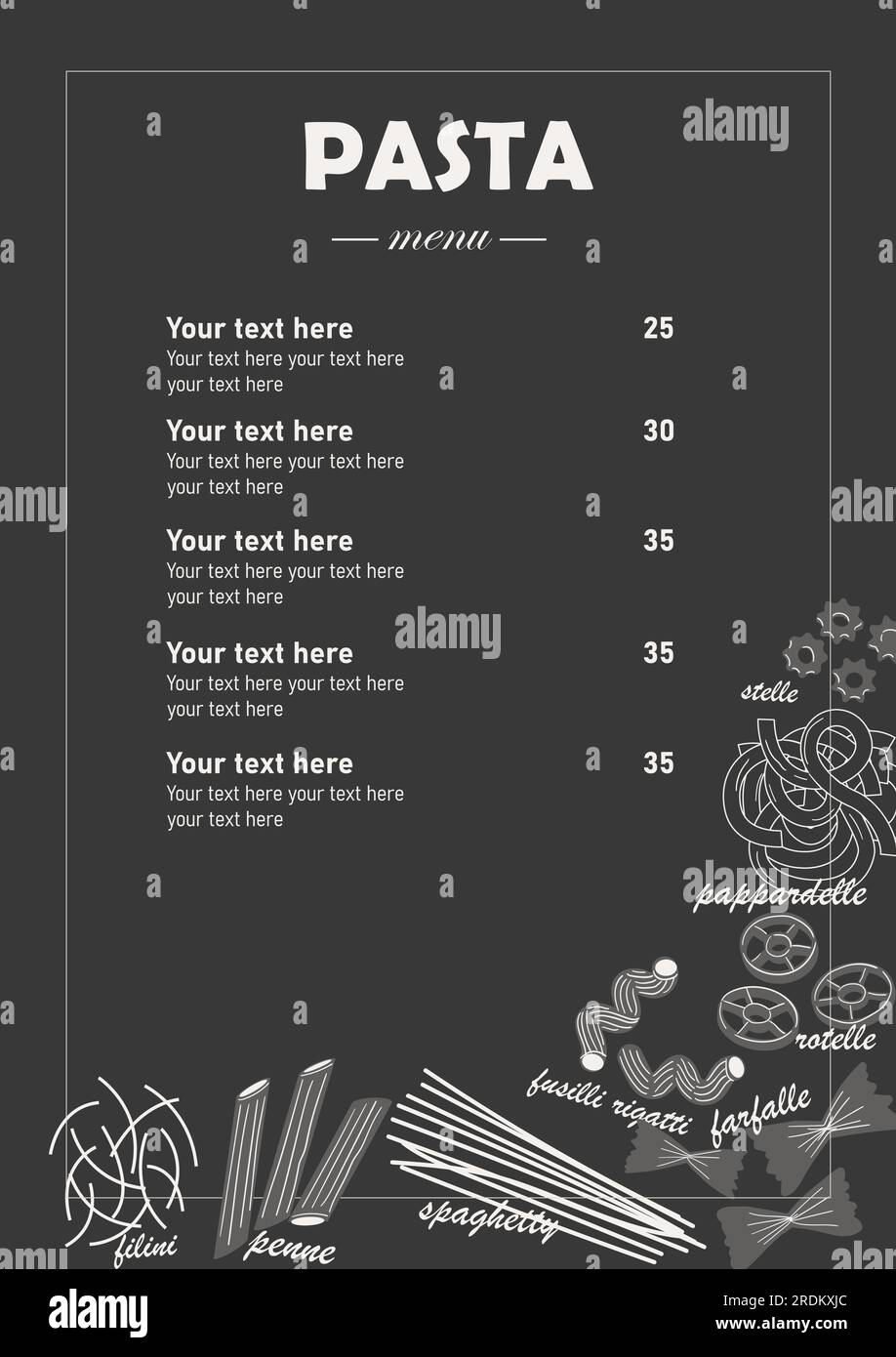 Pasta menu template. Sketch style drawing. White illustration on ...