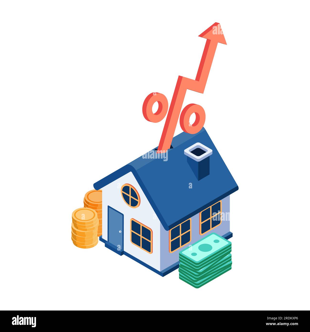 Flat 3d Isometric House with Interest Rate Arrow Rising Up. Mortgage Rate and Real Estate ...