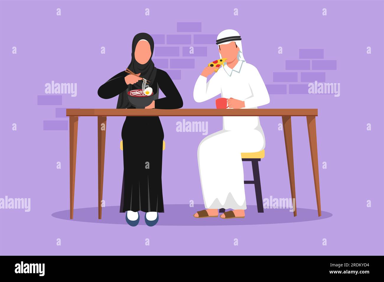 Cartoon flat style drawing Arabian couple sitting and eating at table ...
