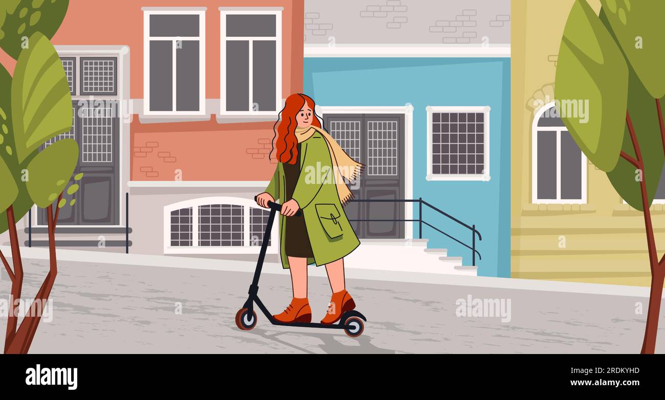 Girl riding scooter. Woman city drive. Electronic speed power. Teenager ...