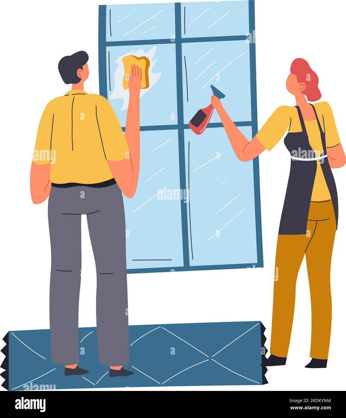 Couple cleaning and tidying home, male and female characters wiping ...