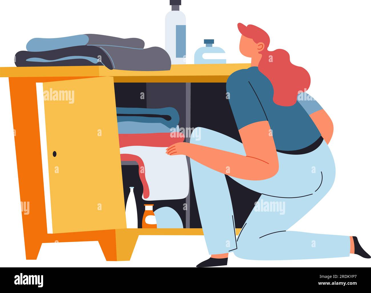 Female character sorting clothes, housework and cleaning of clothing in ...