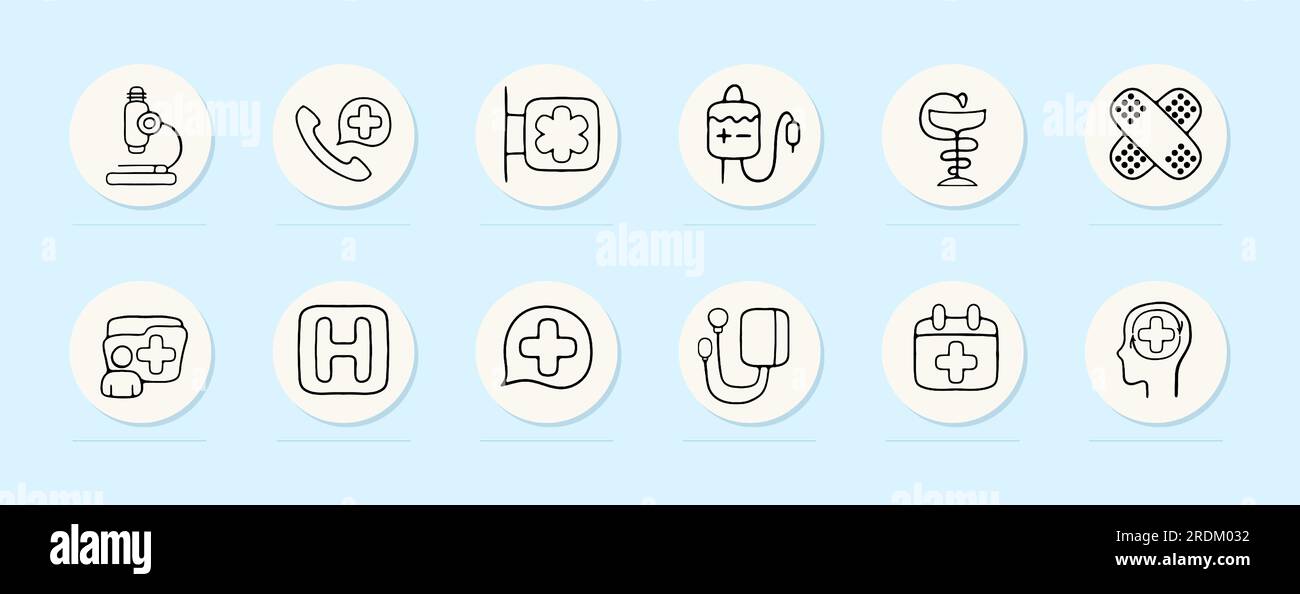 Treatment line icon. Band-aid, medical record, microscope, ambulance ...