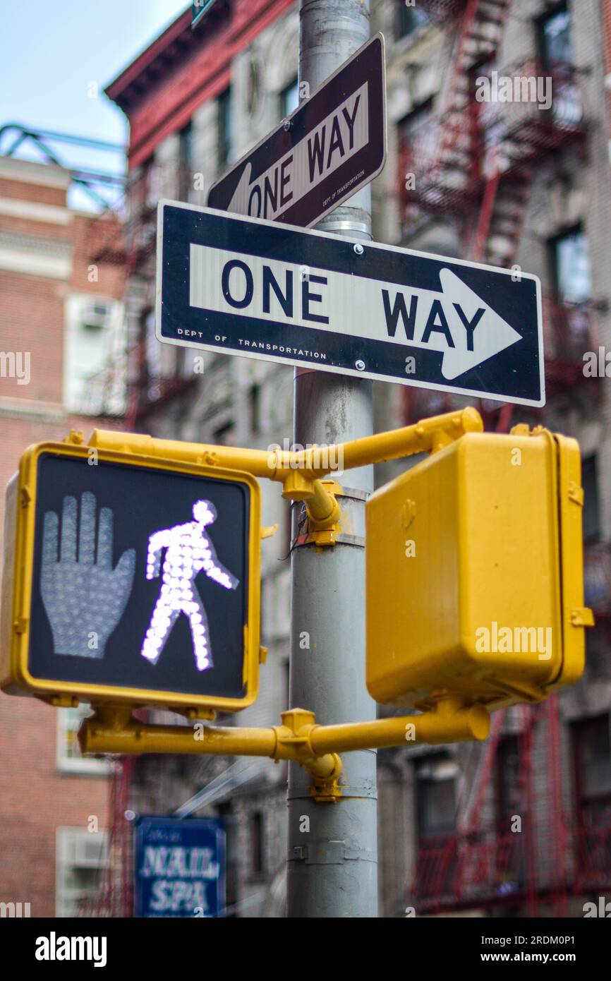 One way street sign copy space NYC background authentic natural light ...