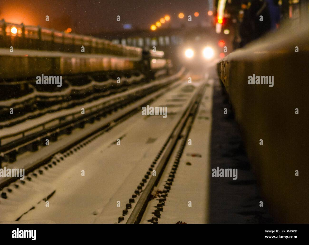 Subway station train stop, during bed weather snow storm season, copy ...