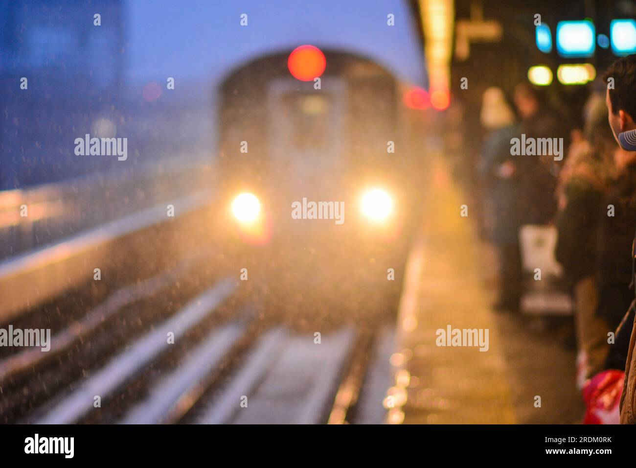 Subway station train stop, during bed weather snow storm season, copy ...