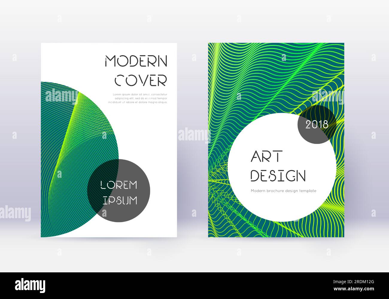 Trendy cover design template set. Green abstract lines on dark ...
