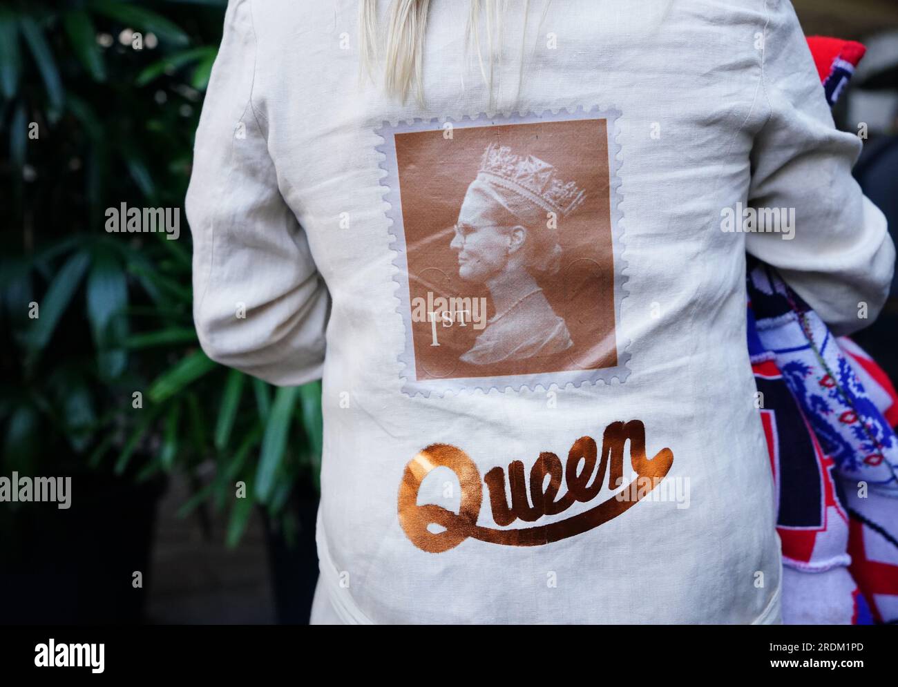 England fan Jean Williams shows her customised jacket prior to the FIFA ...