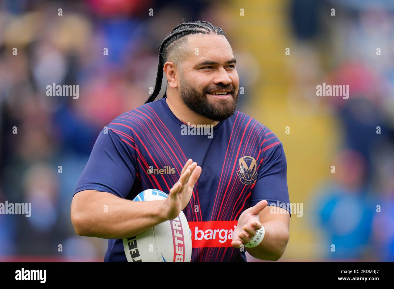 Konrad Hurrell #23 of St Helens warms up before the Betfred Challenge ...