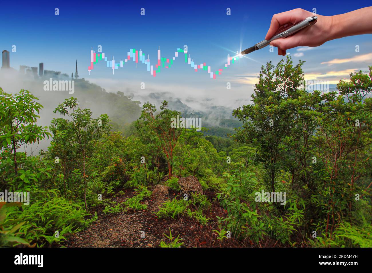 Hand drawing stock market graph on the mountain with morning fog ...
