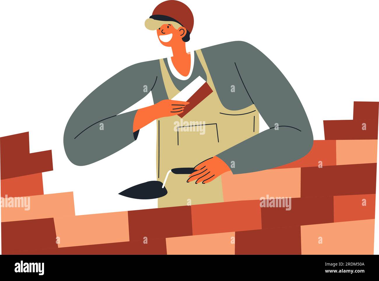 Male character working on construction site using bricks and cement to ...