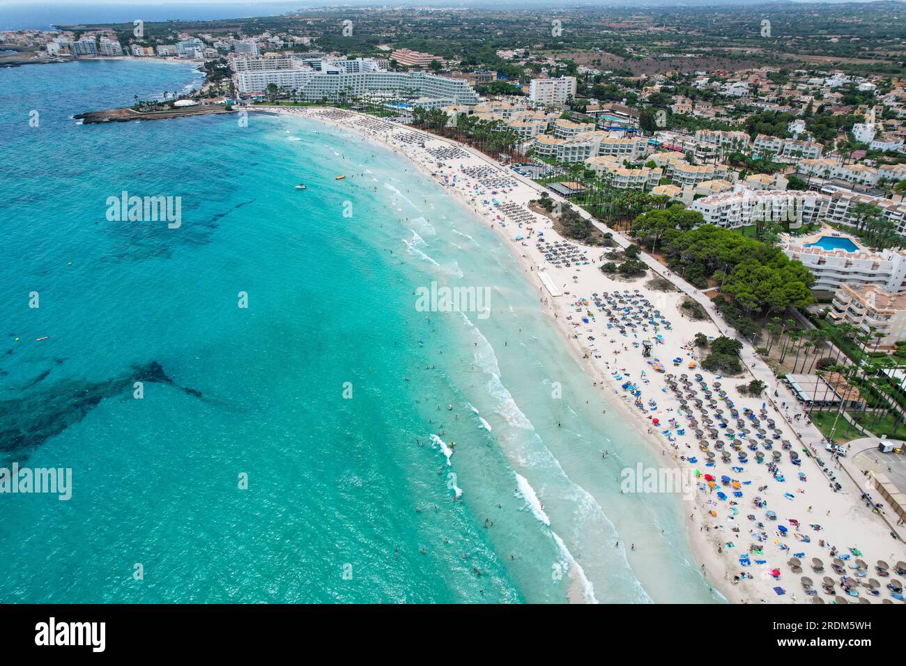 Panoramic aerial view of Sa Coma beach in Mallorca Spain on a summer ...