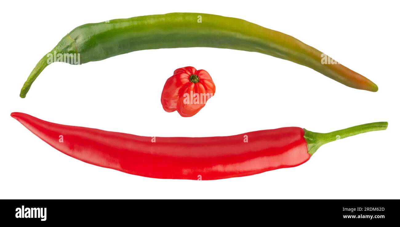 Three peppers of different varieties isolated on white background. Red ...