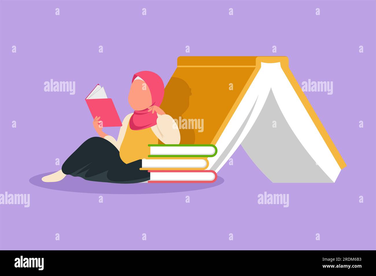 Cartoon flat style drawing Arab little girl reading, learning and ...