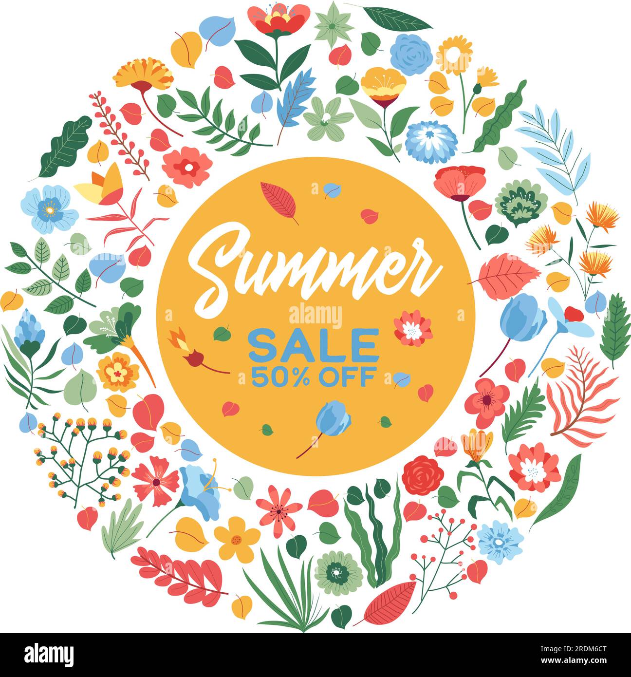 Summer Sale circle Floral design template banner. Discount bright ...