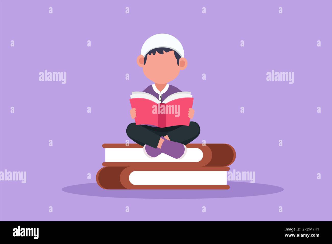 Cartoon flat style drawing Arab little boy reading, learning, sitting ...