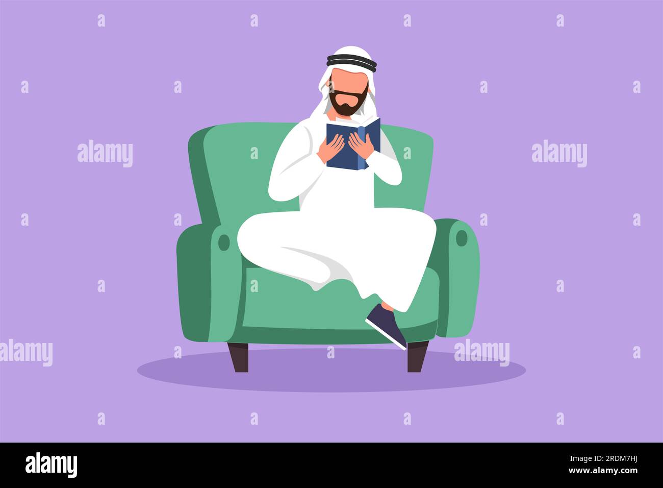 Character flat drawing young Arab man reading book sitting on couch ...