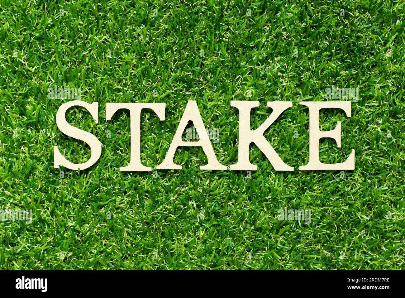 Wood letter in word stake on green grass background Stock Photo - Alamy