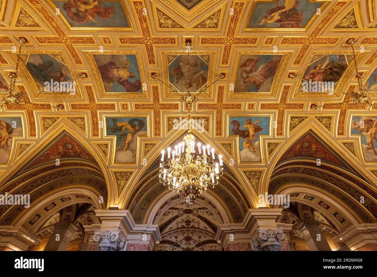 The decorated ceiling in the entrance to the Hungarian State Opera ...