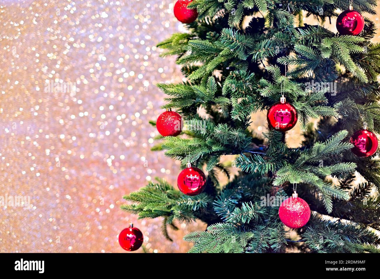 Classic Christmas tree with red ornaments decoration, green branches ...